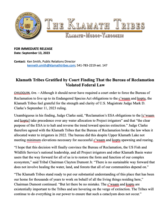 Press Releases | Klamath Tribes
