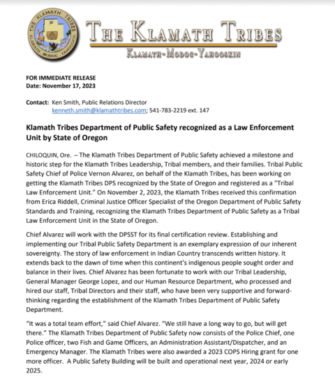 Press Releases | Klamath Tribes