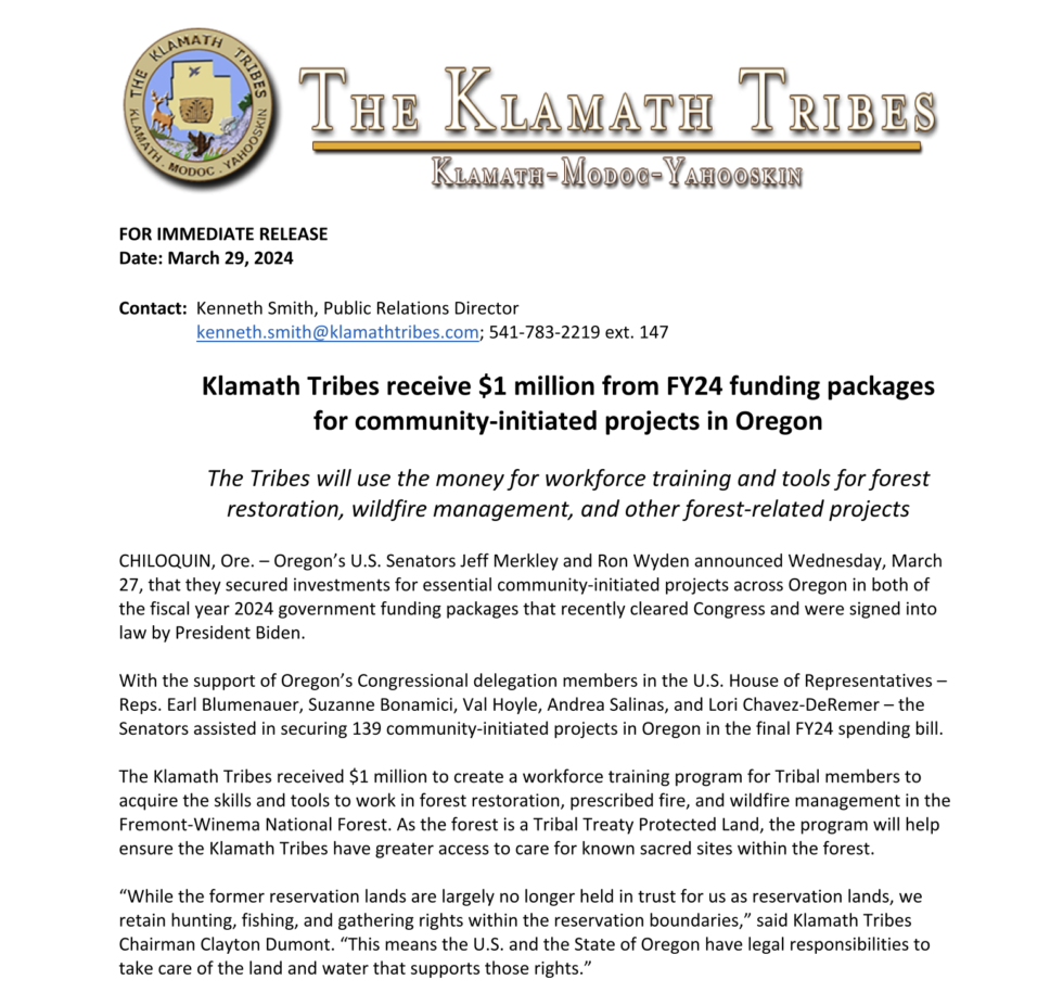 Press Releases | Klamath Tribes