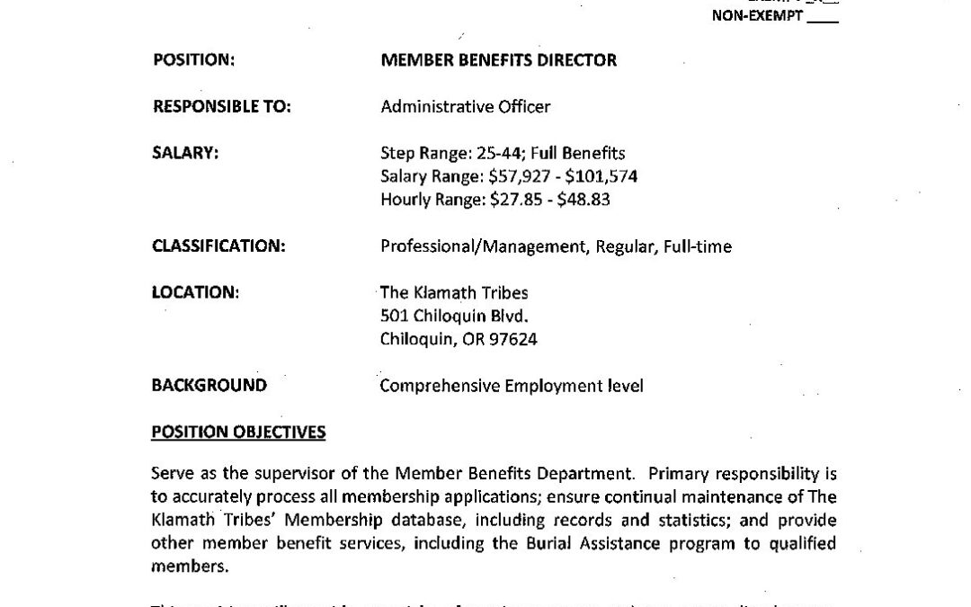 Member Benefits Director | Klamath Tribes